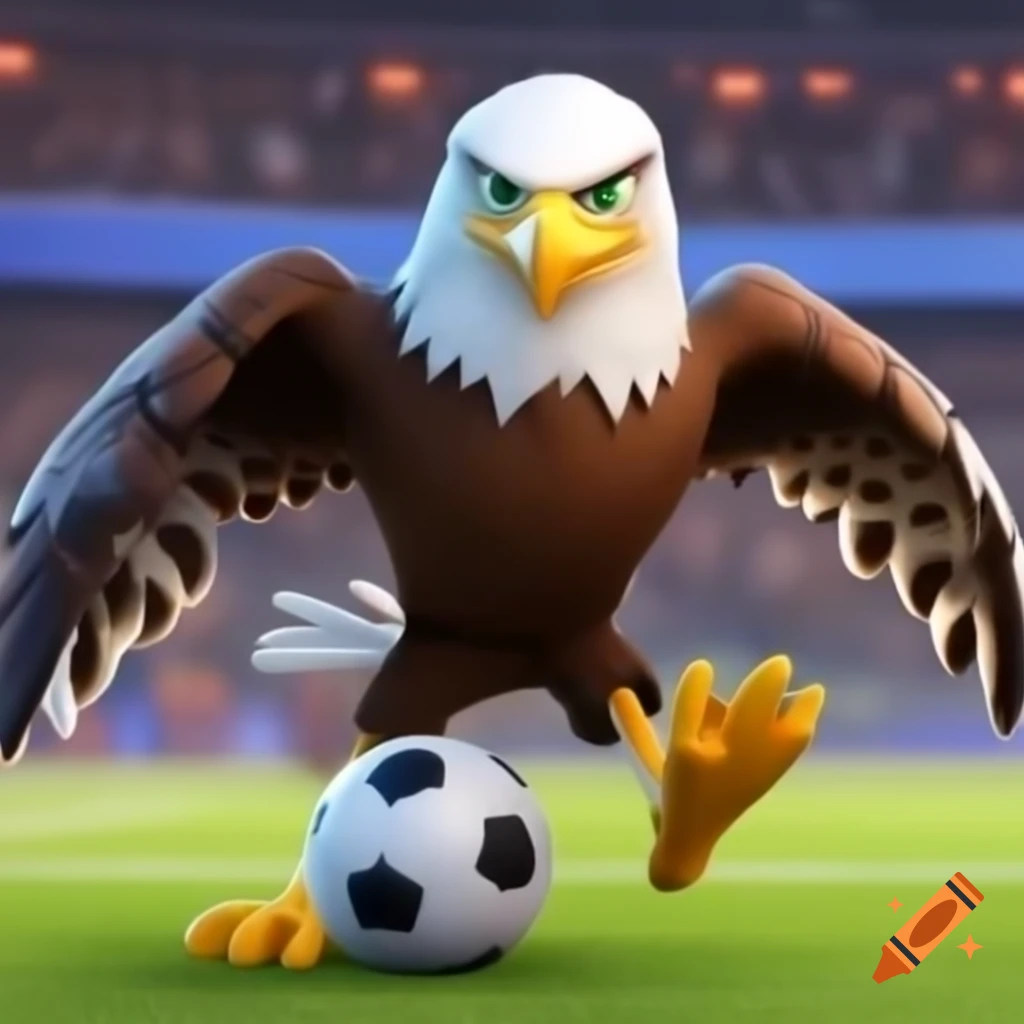 Eagle playing football in humorous 3d disney pixar animation on Craiyon