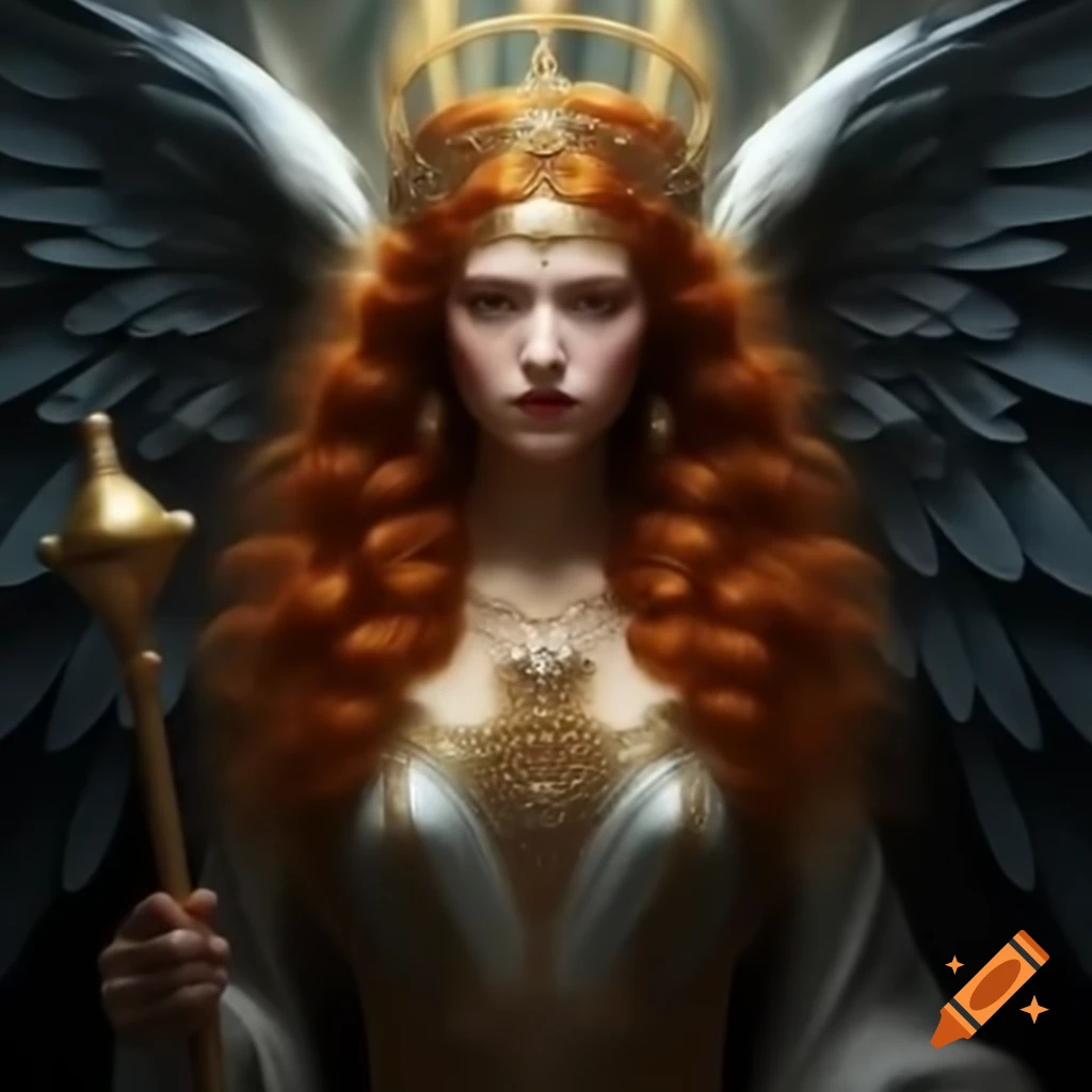 Red haired female angel with crown and scepter, metallic wings and ...
