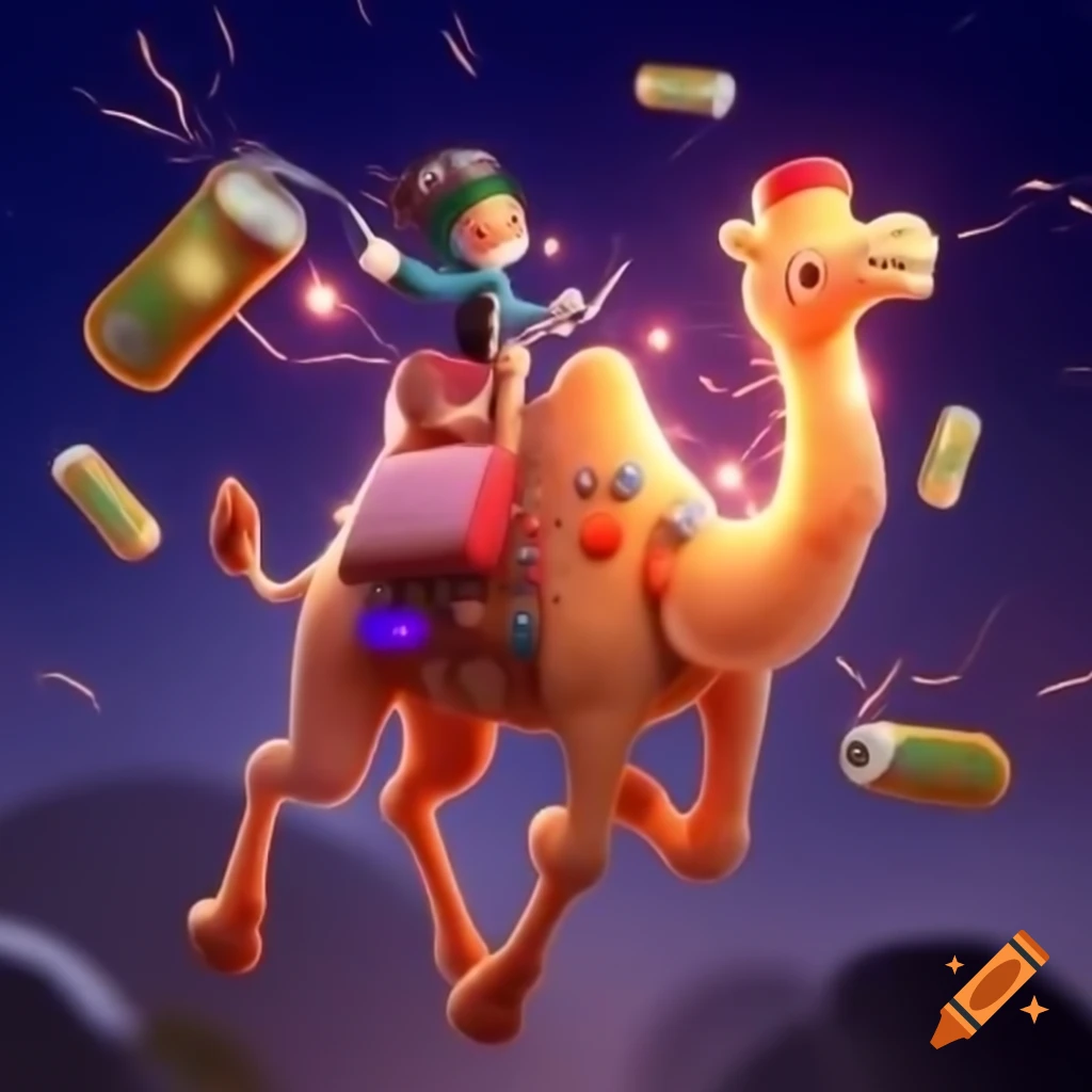 Whimsical camel flying with glowing batteries, vibrant and energetic on Craiyon