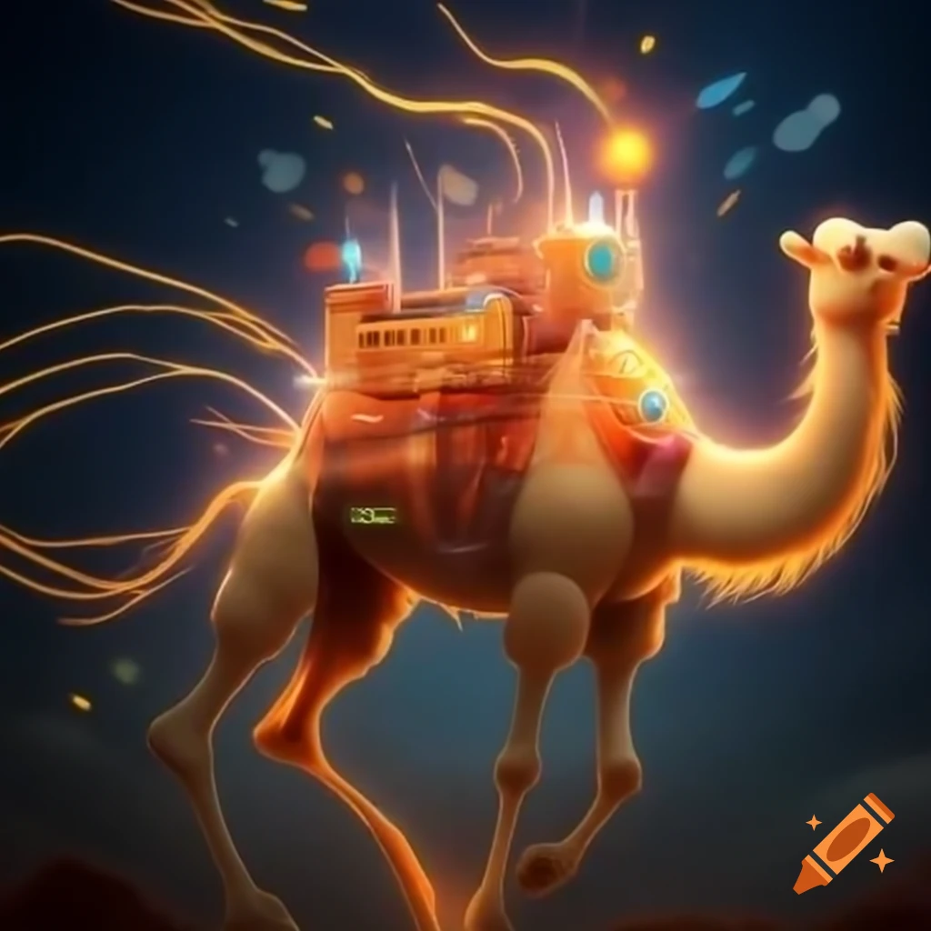 Whimsical camel flying through the sky with vibrant energy and ...