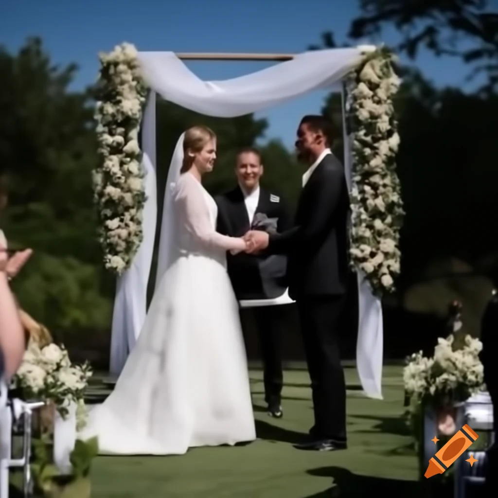 Bride and groom exchanging rings during wedding ceremony in elegant ...