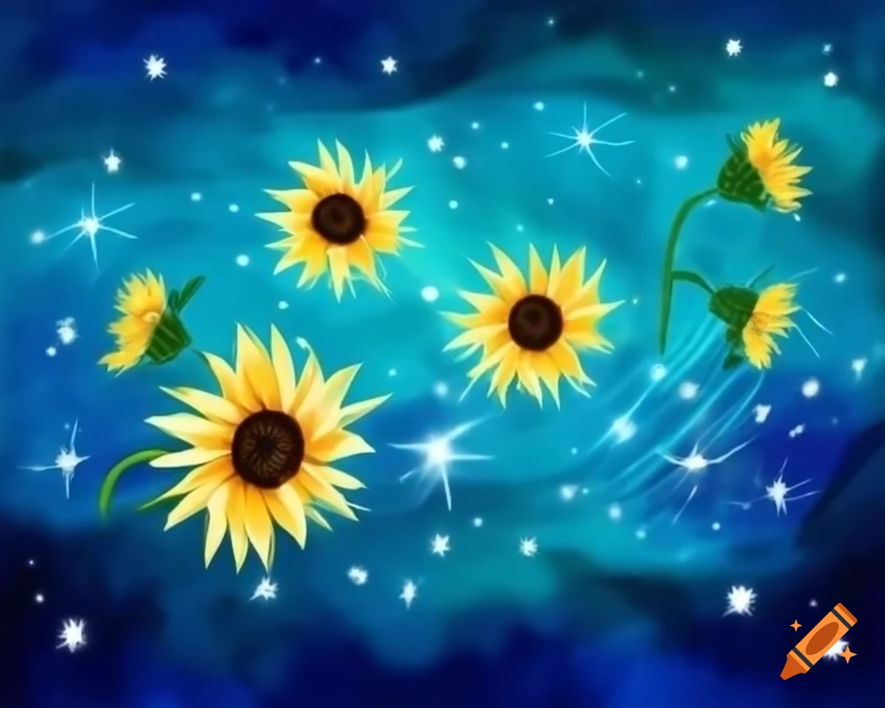 Sunflowers in deep sea with galaxies, watercolor art on Craiyon