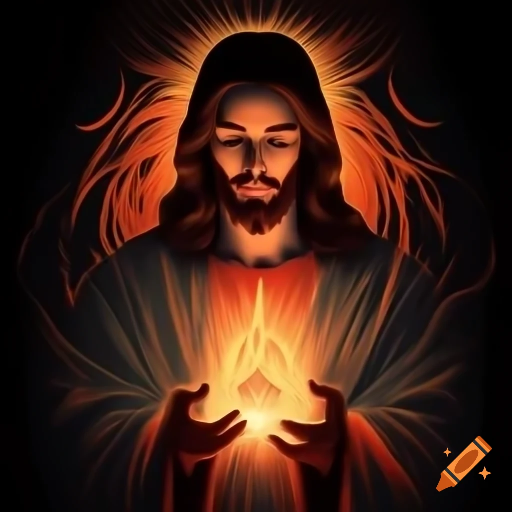 Jesus holding glowing flame of wisdom radiating light with dynamic ...