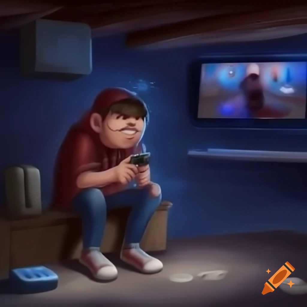 Person playing video games in a basement with a grumpy expression on ...