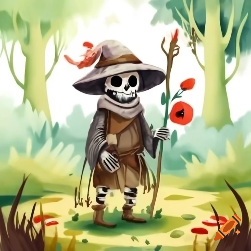 Skeleton druid shaman alchemist in nature with poppy flowers on Craiyon