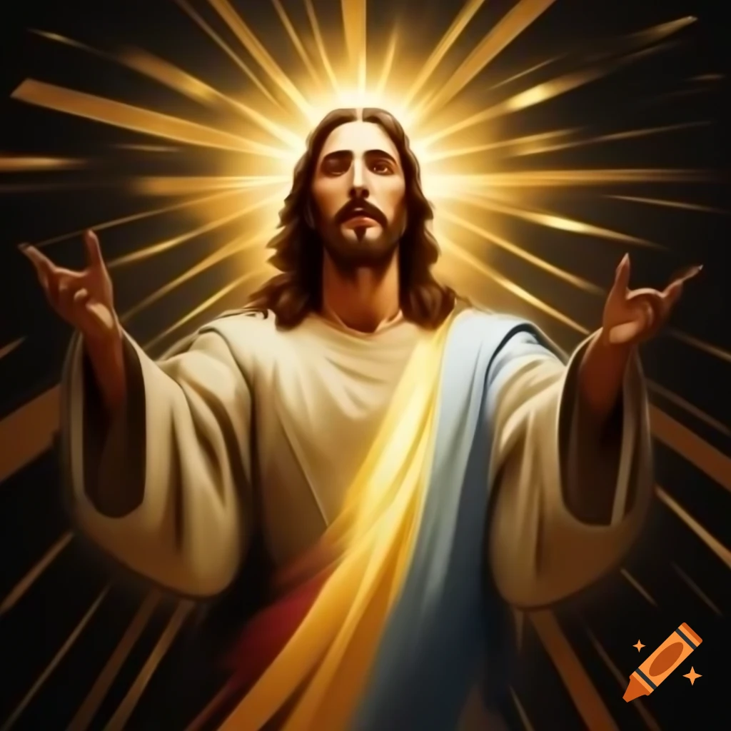 Stylized illustration of jesus with arms outstretched radiating light ...
