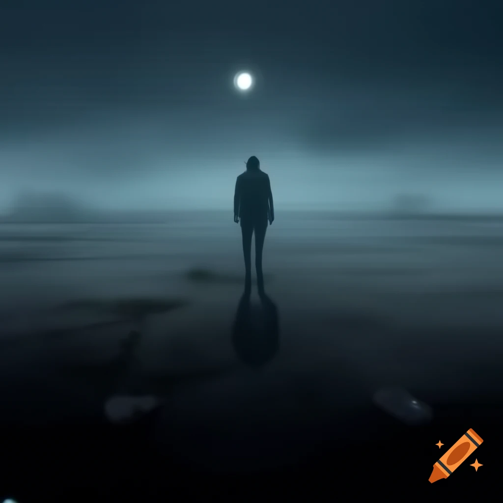 Lone figure in shifting landscape with cracked ground, searching for ...