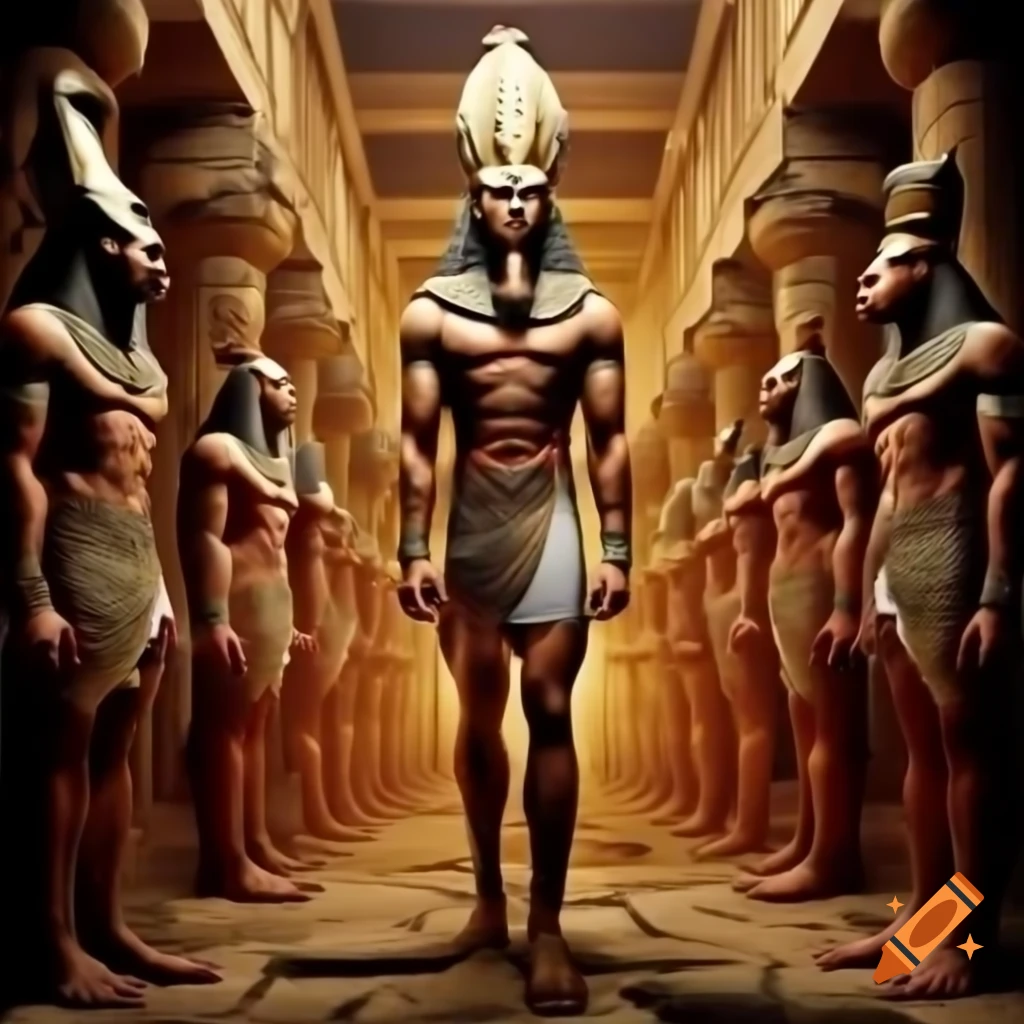 Ancient Egyptian gods Osiris, Isis, Horus, Thoth, and Anubis standing ...