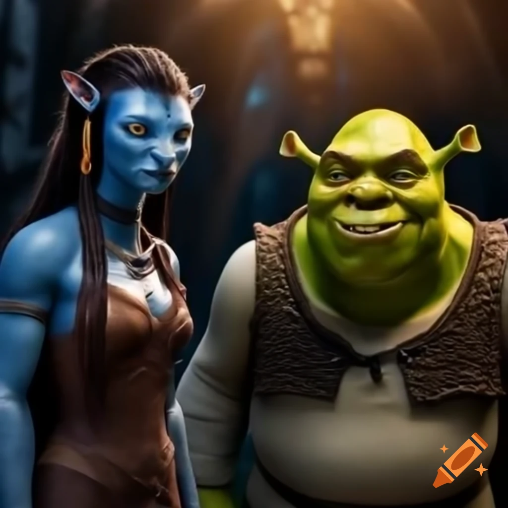 Epic showdown between blue avatar and Shrek the ogre on Craiyon