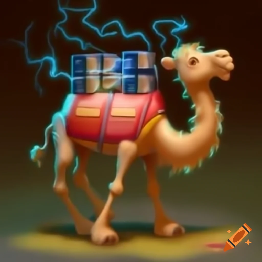 Whimsical camel with battery humps and electric cigarette amidst ...