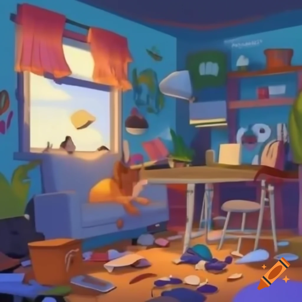 Cartoon depiction of a messy room at home on Craiyon