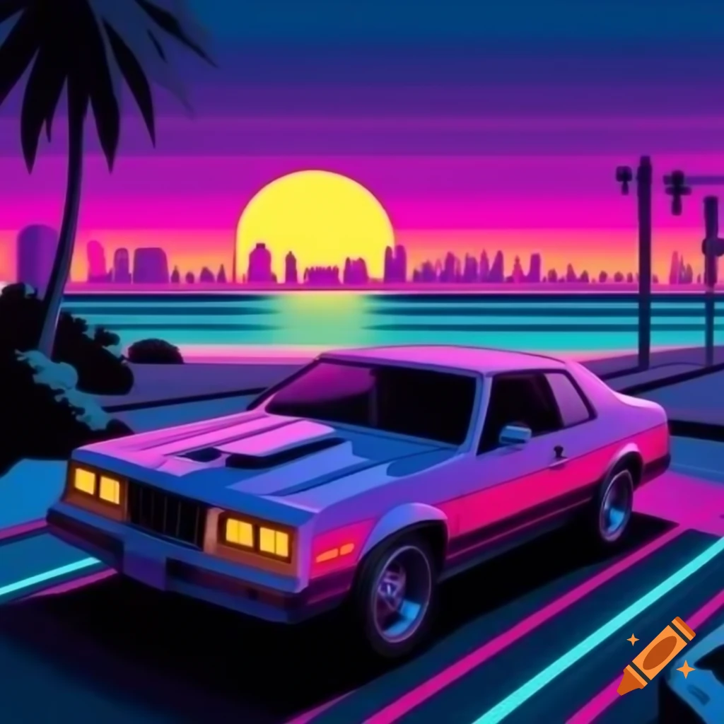 Retro 1980s Miami Beach scene in classic Hanna-Barbera animation style ...