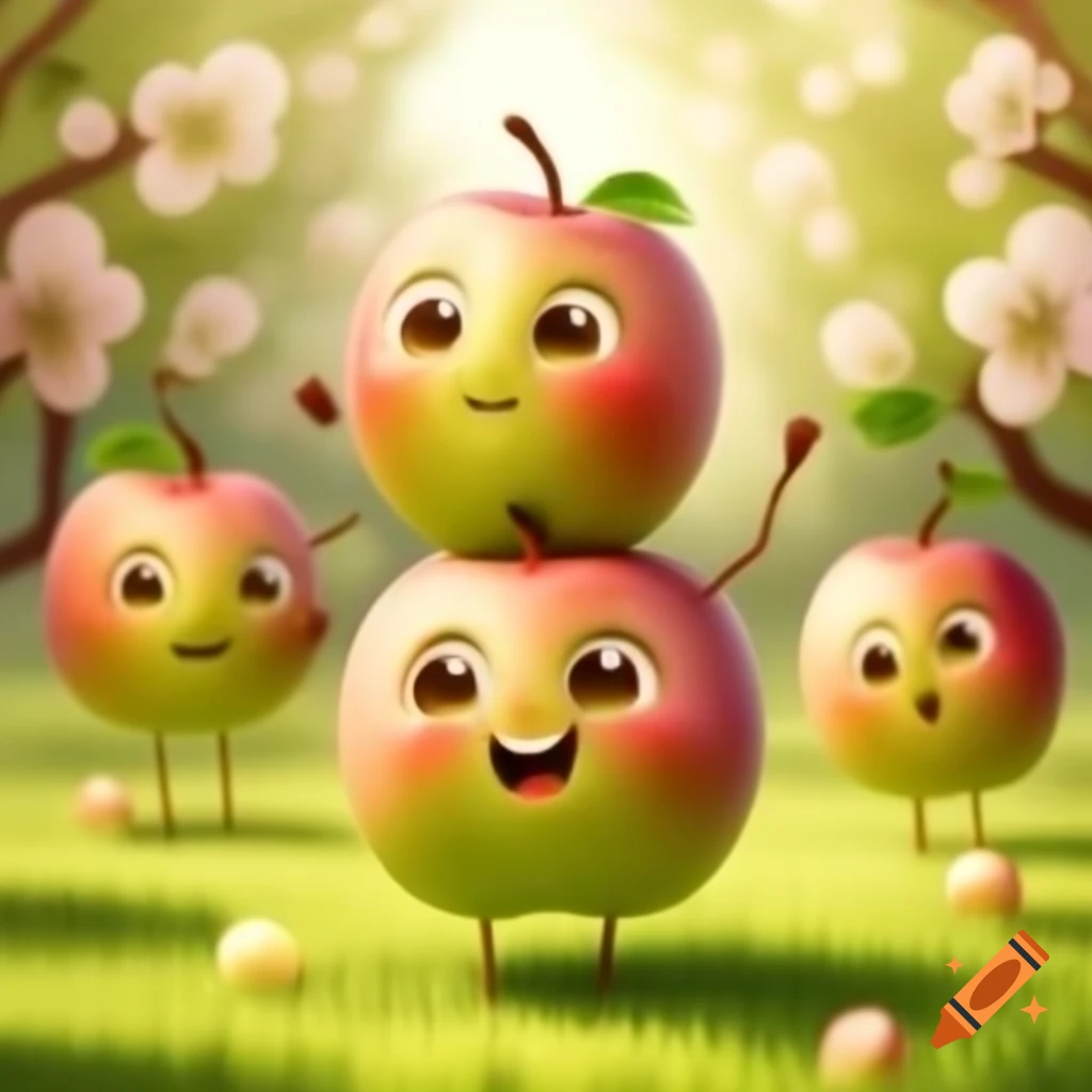 Cheerful apples with expressive eyes playing in blossoming orchard on ...
