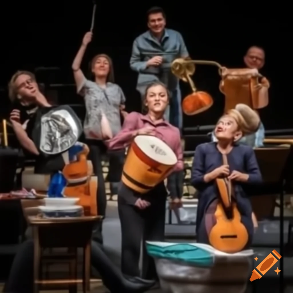 Humorous improvised orchestra with unusual instruments and a conductor ...