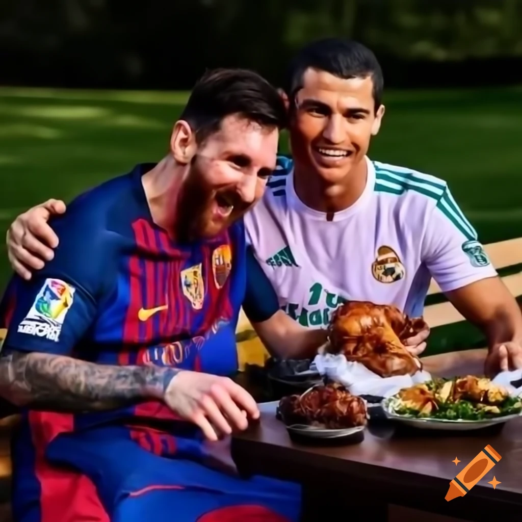 Cristiano Ronaldo and Lionel Messi sharing a meal on park bench in ...