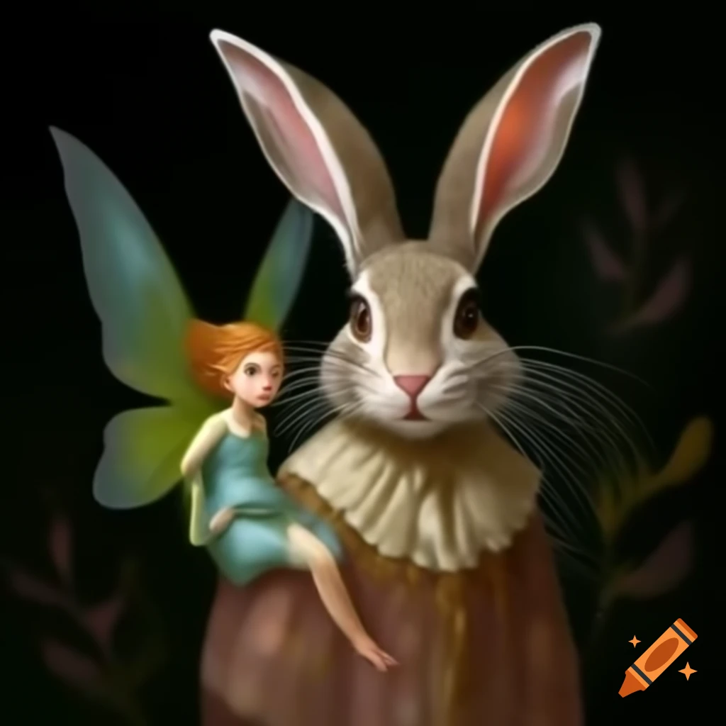 Surreal blend of human, rabbit, and fairy character on Craiyon