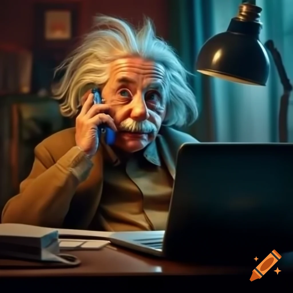 Albert Einstein smiling at desk with laptop during phone conversation ...