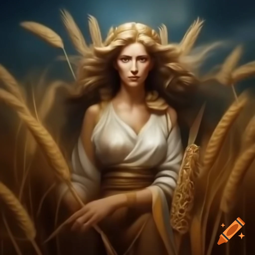 Demeter, greek goddess of harvest, with flowing hair and earthy robe ...