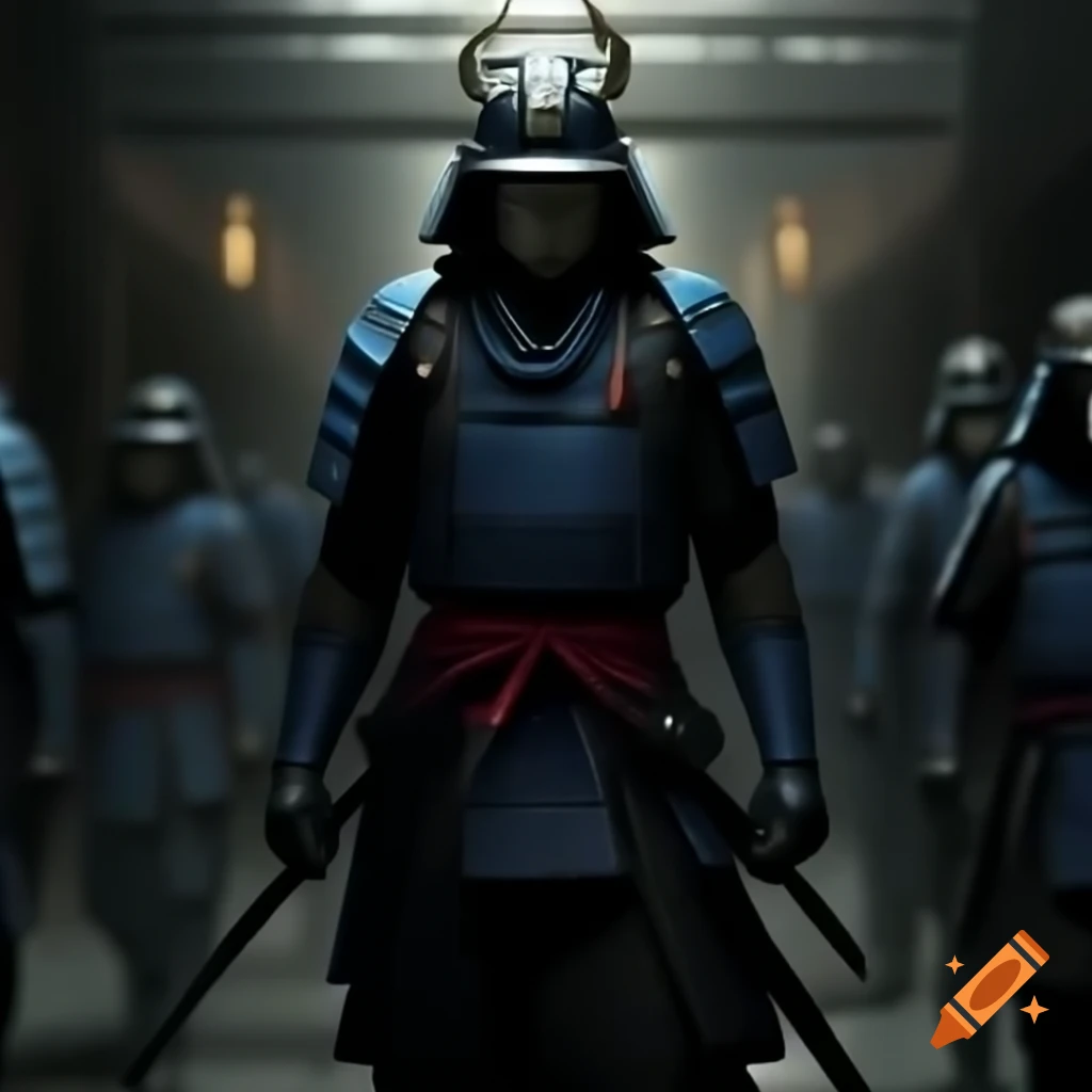 Samurai police in blue robes holding a wakizashi under dim moonlight on ...
