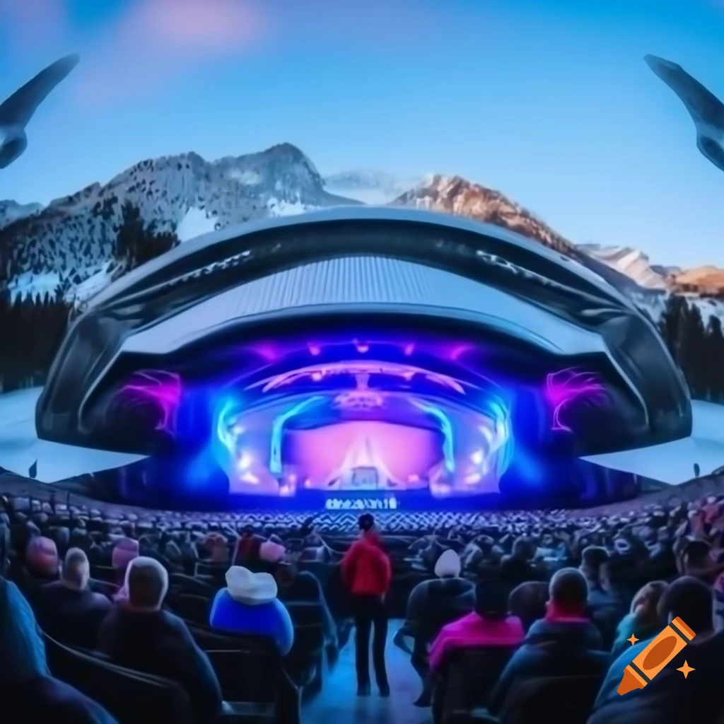 Futuristic music concert background with snow-covered mountains and ski ...