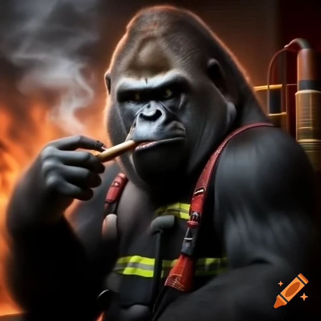 Gorilla in firefighter suit smoking a cigar on Craiyon