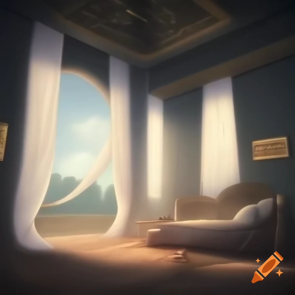 Elegant interior with grand carved wall and flowing white curtains on ...