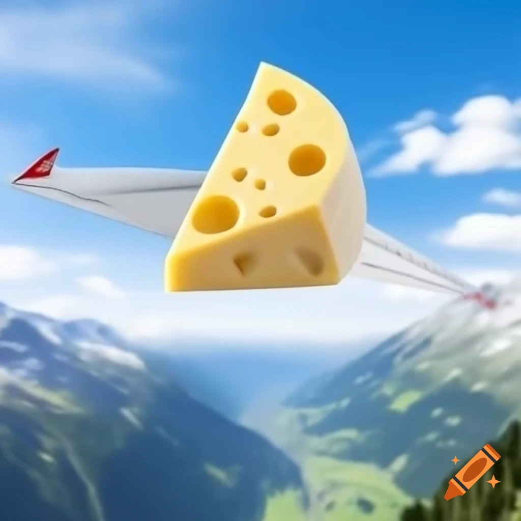 Pale yellow Swiss cheese with airplane wings flying over snow-capped ...