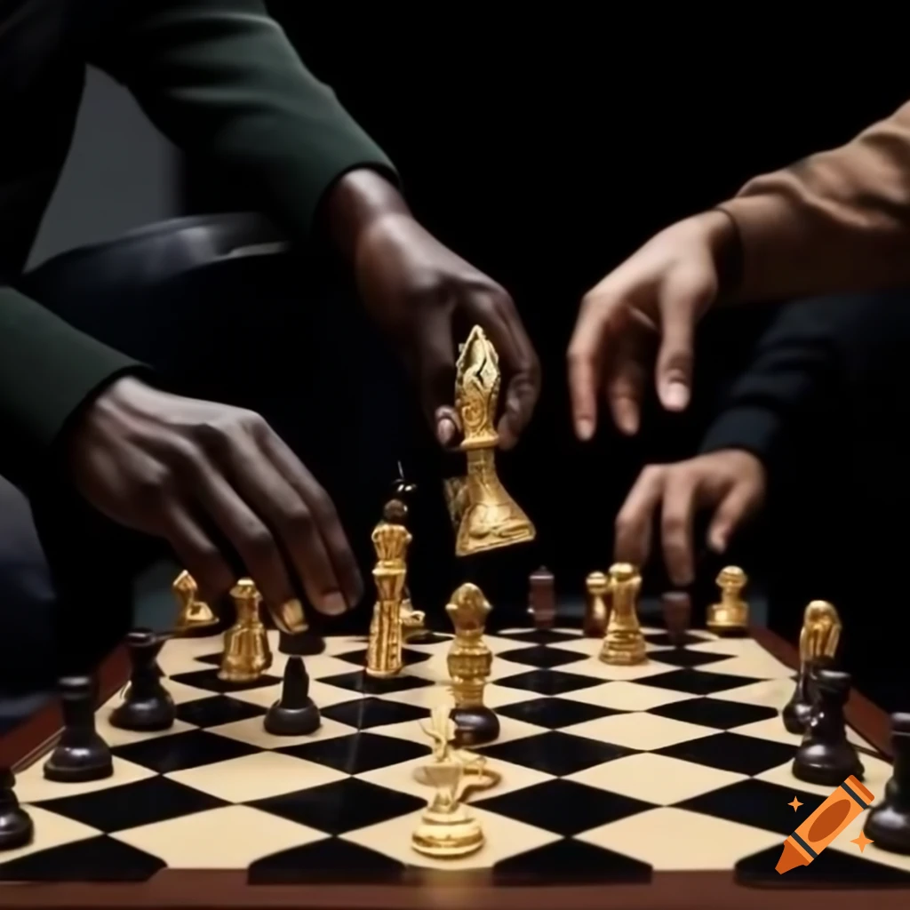 Black men playing chess with golden pieces in a cosmic setting on Craiyon
