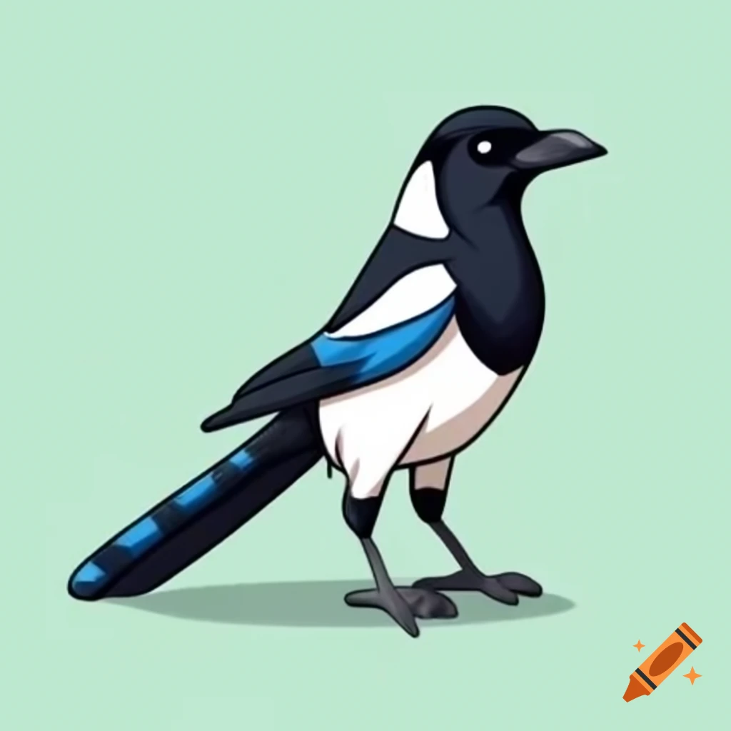 Cartoon depiction of a common magpie on Craiyon