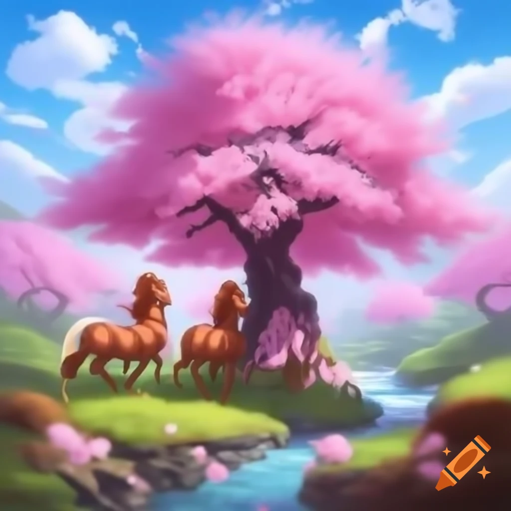 Centaurs in wild under pink sakura tree by a river on Craiyon