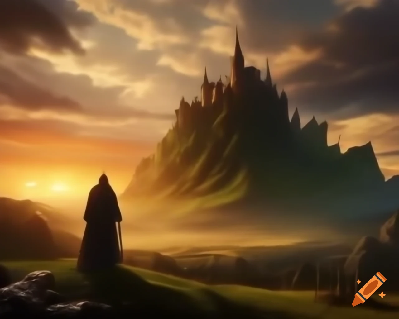 Cloaked figure silhouetted at sunset on peak, overlooking colossal ...