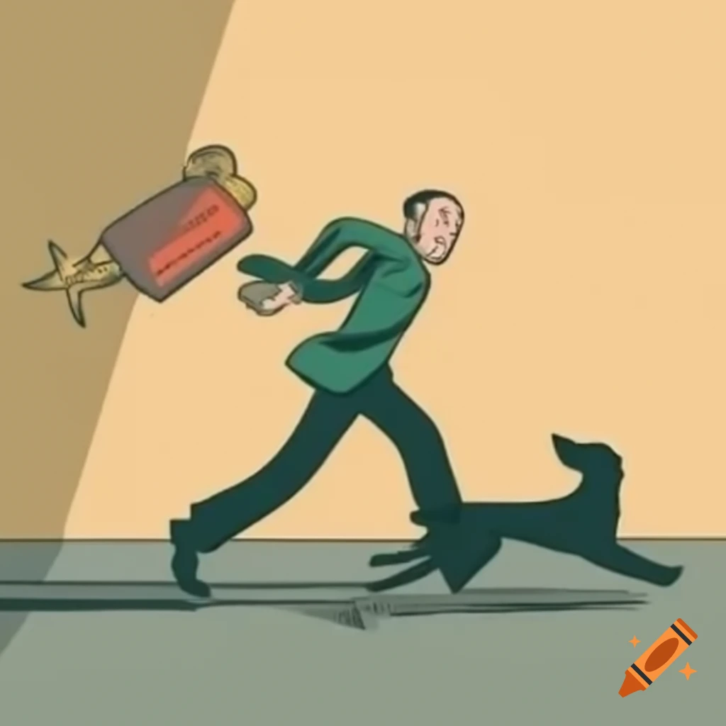 Comic style illustration of man crawling towards a dog on Craiyon