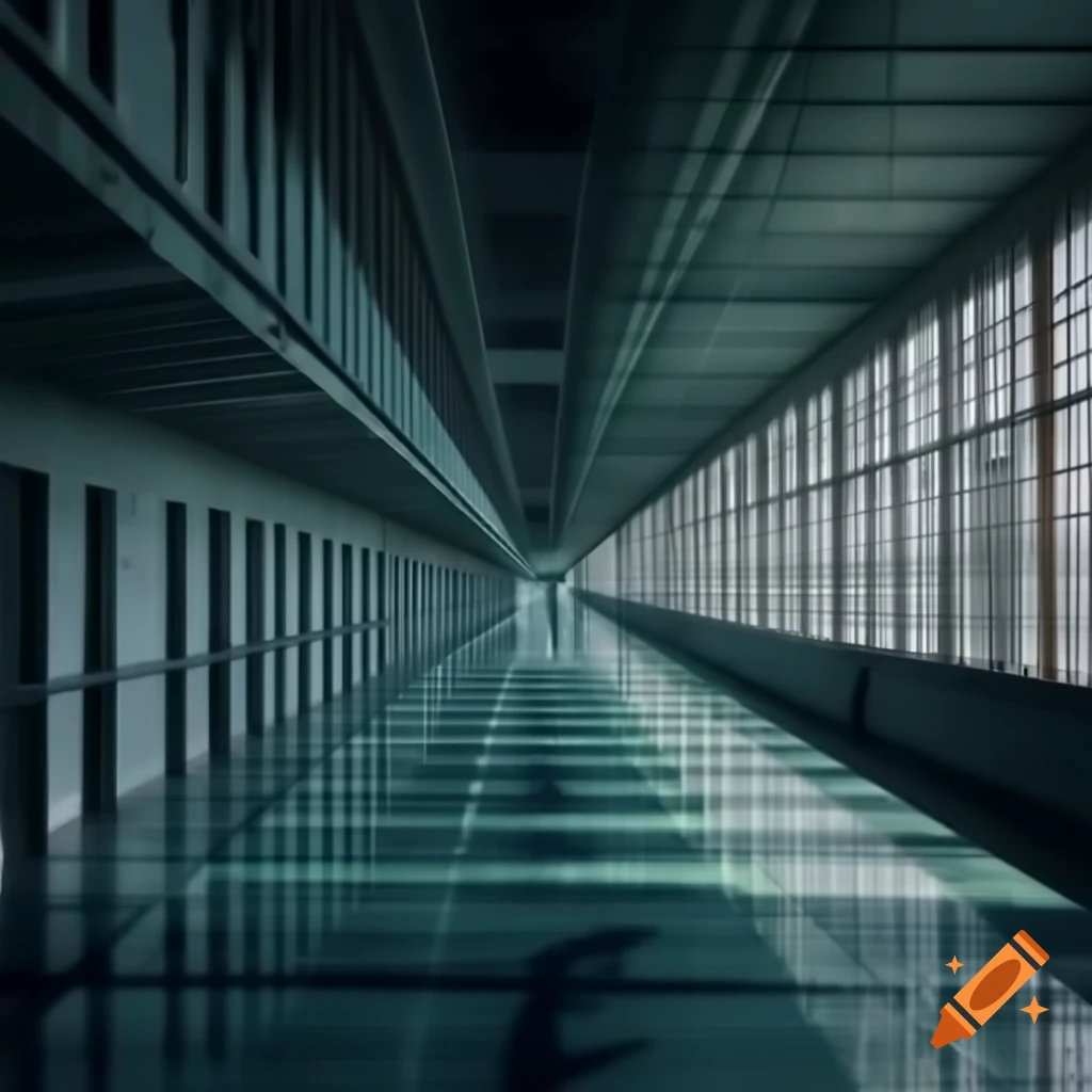 Anime-style empty prison visit space with glass and phone, reminiscent ...