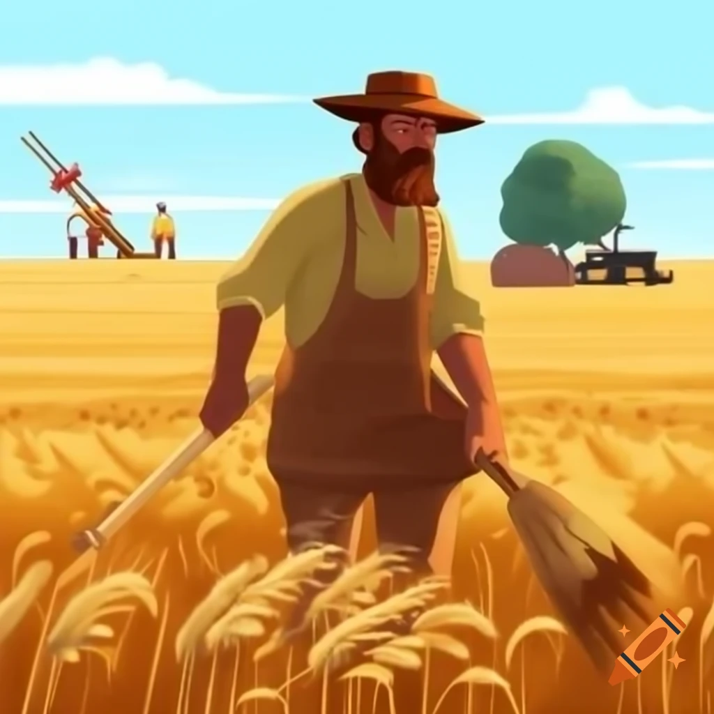 Weathered French farmer working flail in golden wheat field with old ...