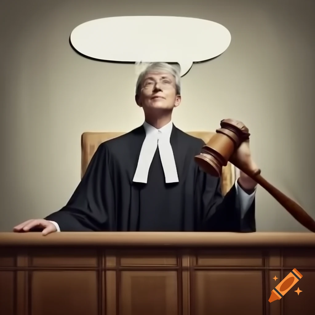 Judge banging gavel behind bench with speech bubble on Craiyon