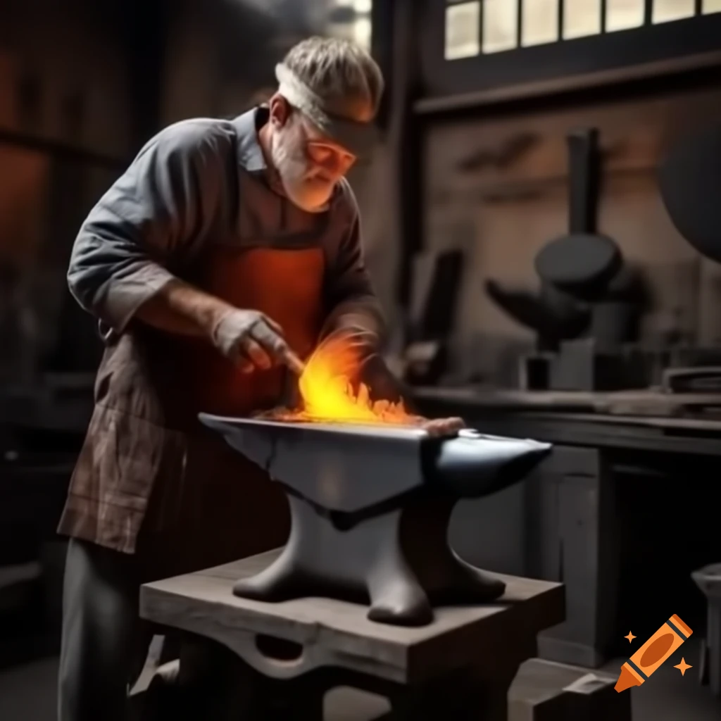 Blacksmith forging iron on anvil in workshop on Craiyon