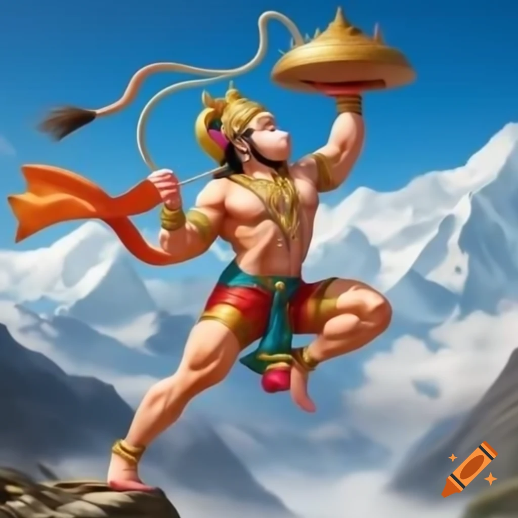 Hanuman lifting sanjeevani mountain from himalayas with vibrant flora on Craiyon