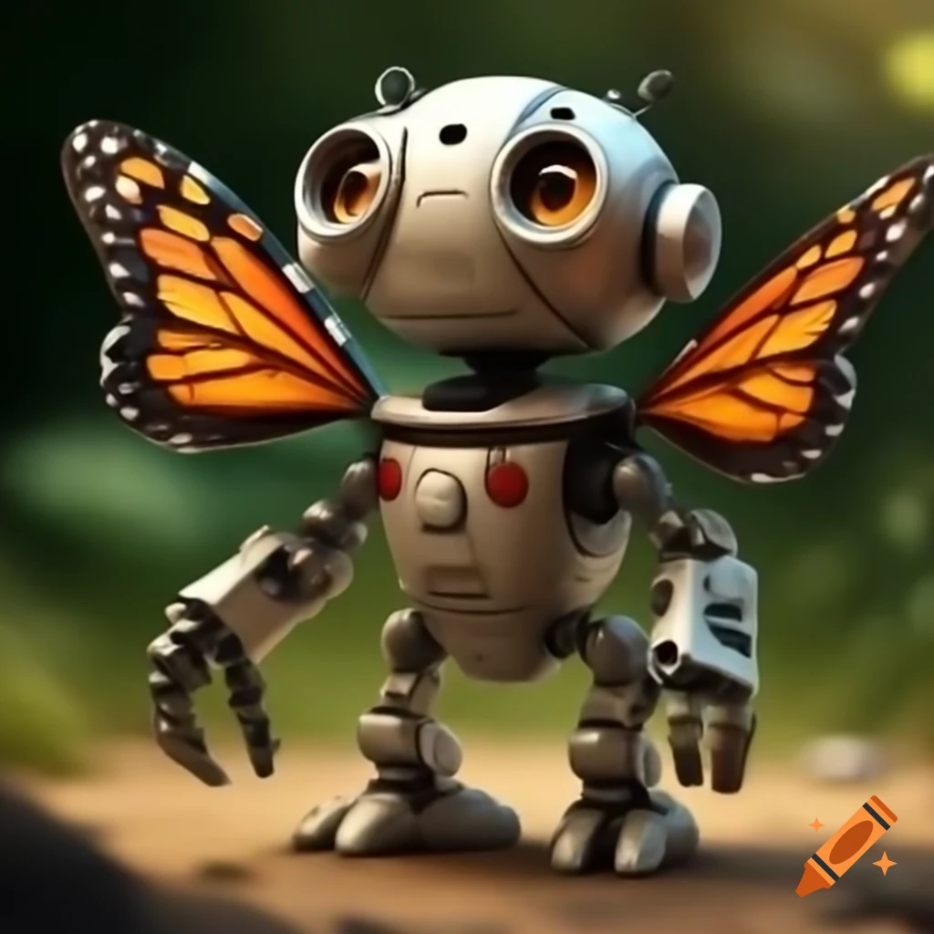 Mechanical robot resembling monarch butterfly on engineer's hand ready for takeoff on Craiyon