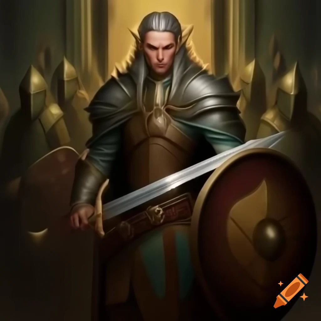 Elf king with branch-shaped sword and elven guards in golden armor on ...