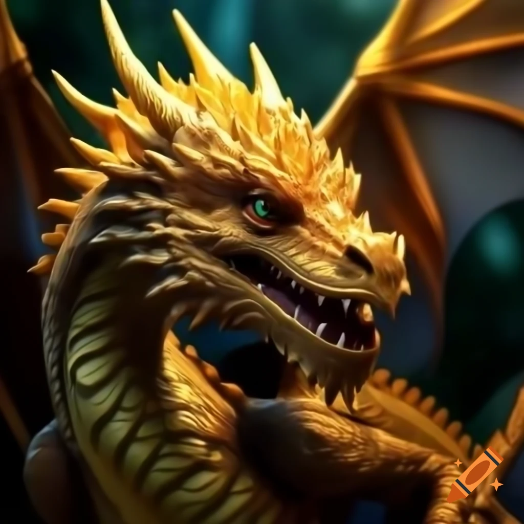 Realistic young golden dragon with visible wings, friendly appearance ...