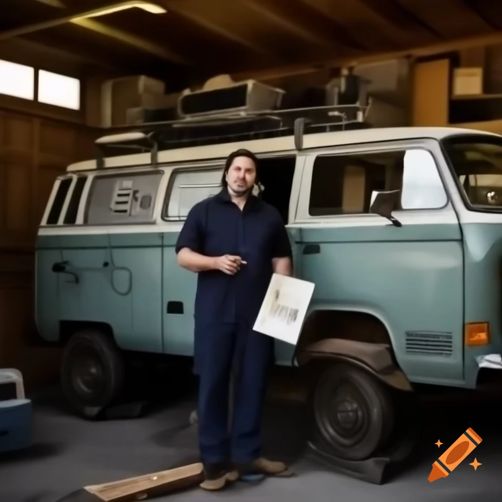 Man in workshop next to van holding notepad with campervan designs on ...