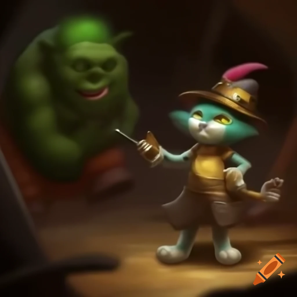 Dapper cat with sword confronts green ogre in mystical wood on Craiyon