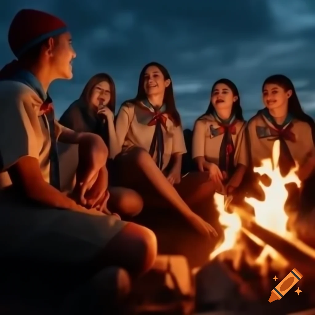 Female scouts gathered around bonfire singing on Craiyon