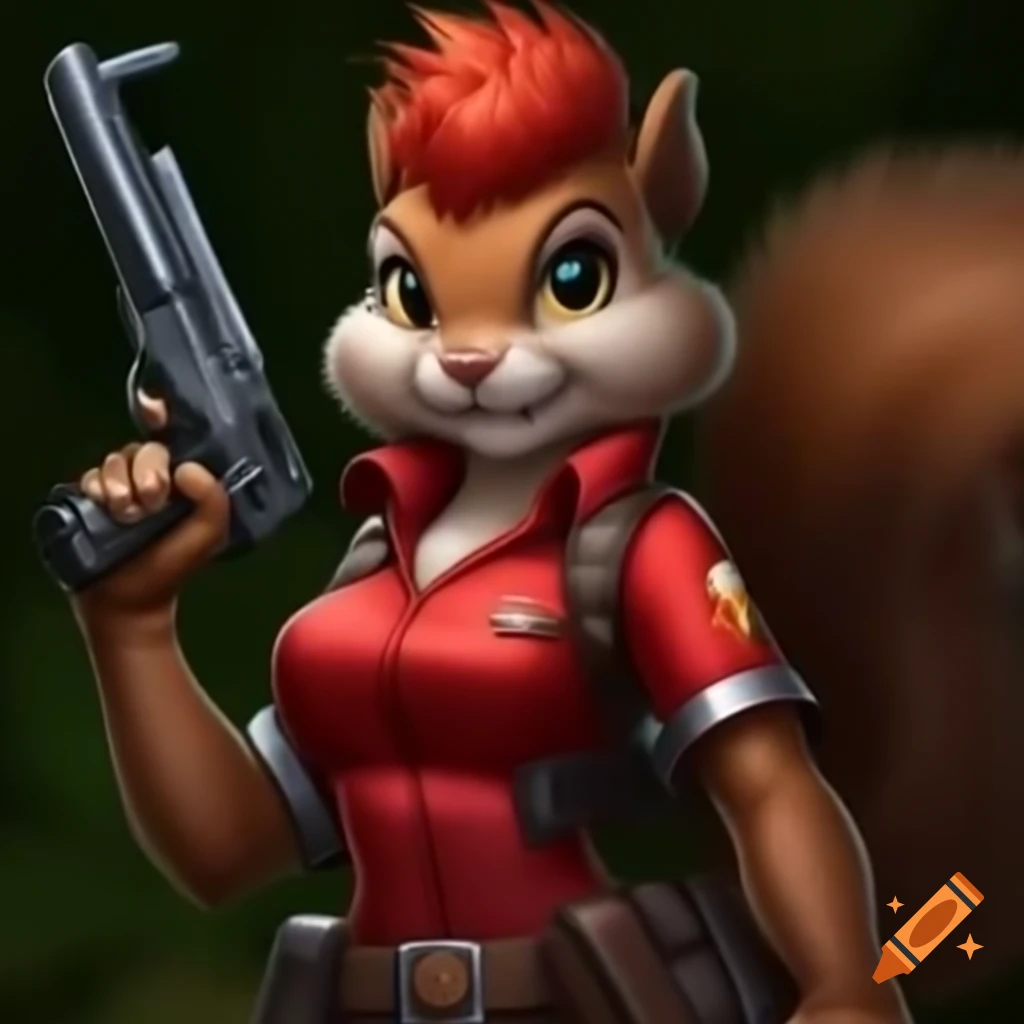 Squirrel in red army outfit with shotgun and red mohawk, ready for ...
