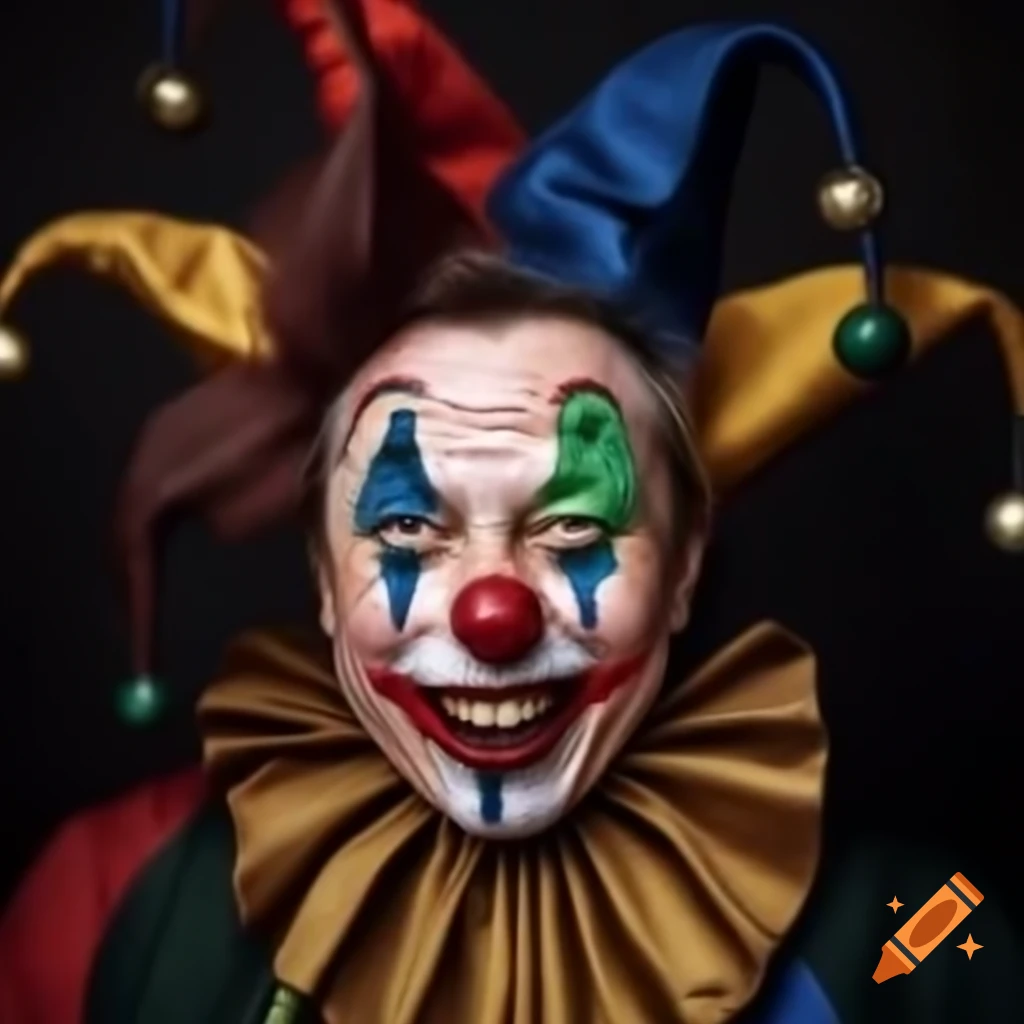 Elon Musk portrayed as a court jester in multicolor costume on Craiyon