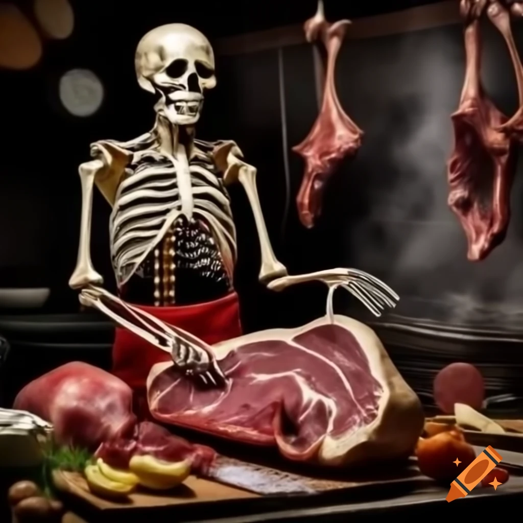 Skeleton styled as a butcher on Craiyon