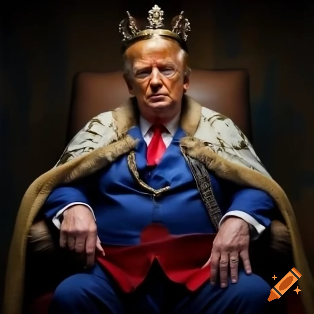 Middle-aged king portrait resembling Donald Trump, wearing crown and ...