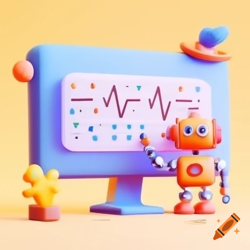 Cartoon robot excitedly pointing at computer screen with mathematical ...