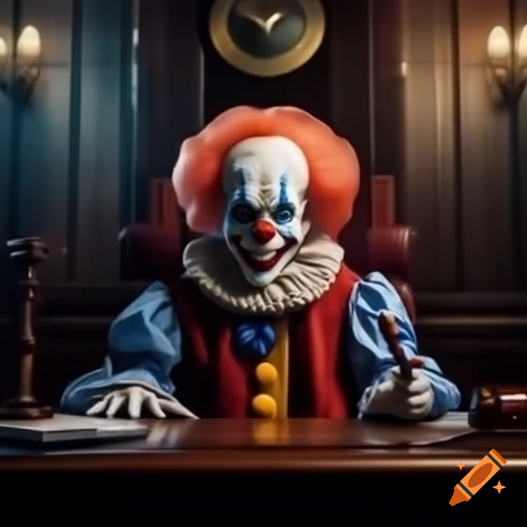 Humorous clown judge in courtroom with serious expression on Craiyon
