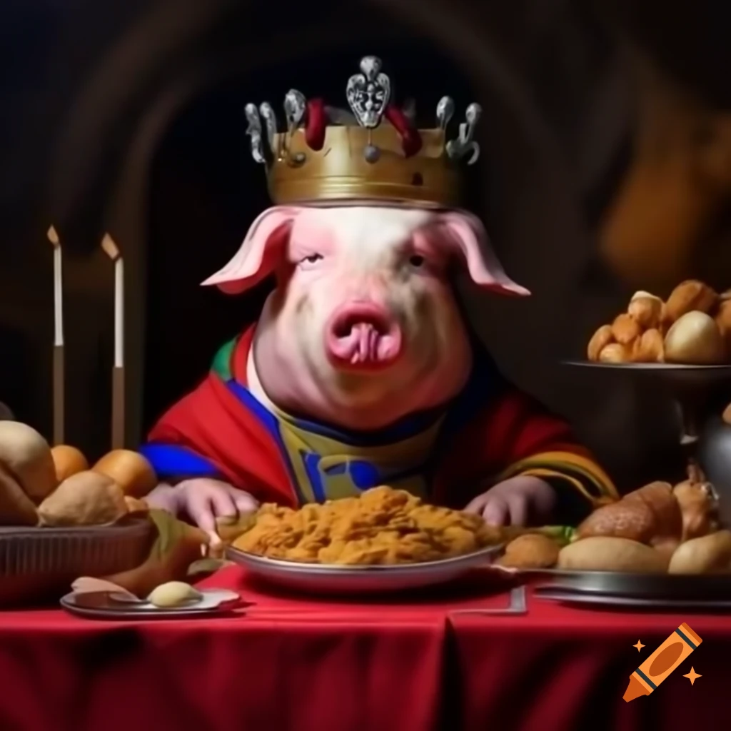 Medieval african pig king in xhosa attire seated at banquet table with ...